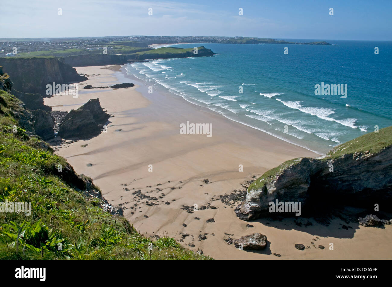 The wide expanse of sandy beach at Watergate Bay on Cornwall's north ...