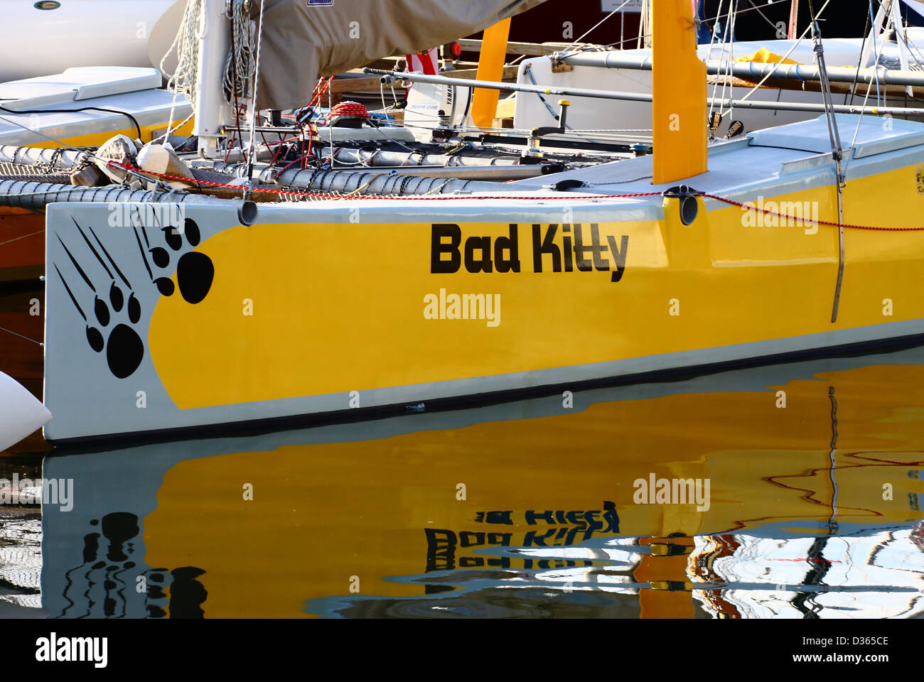 Bright Yellow Boat named Bad Kitty in the harbor of Victoria, British ...
