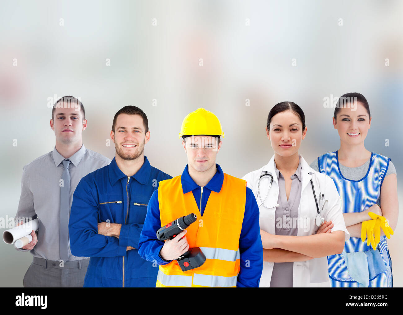 Smiling people with different jobs standing arms folded in line Stock ...