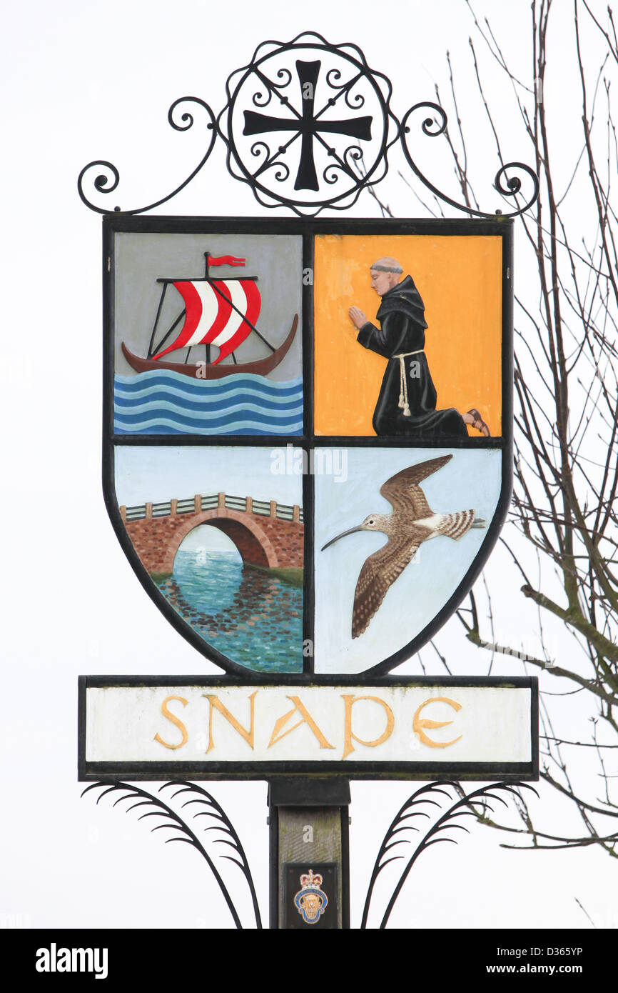 The village sign at Snape in Suffolk Stock Photo - Alamy