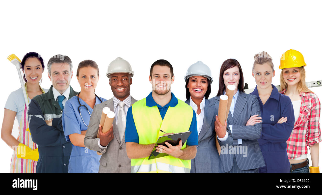 Group of smiling people with different jobs standing in line Stock ...