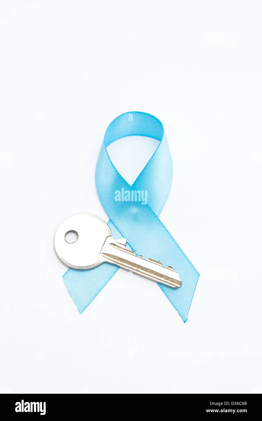 Blue ribbon for prostate cancer and silver key Stock Photo - Alamy