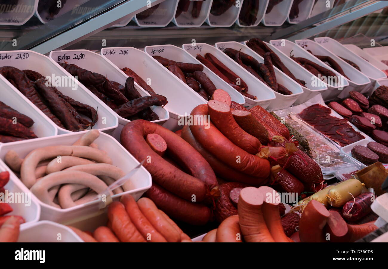 Horsemeat sausages lie in the shop window of a horse butchery in Munich ...