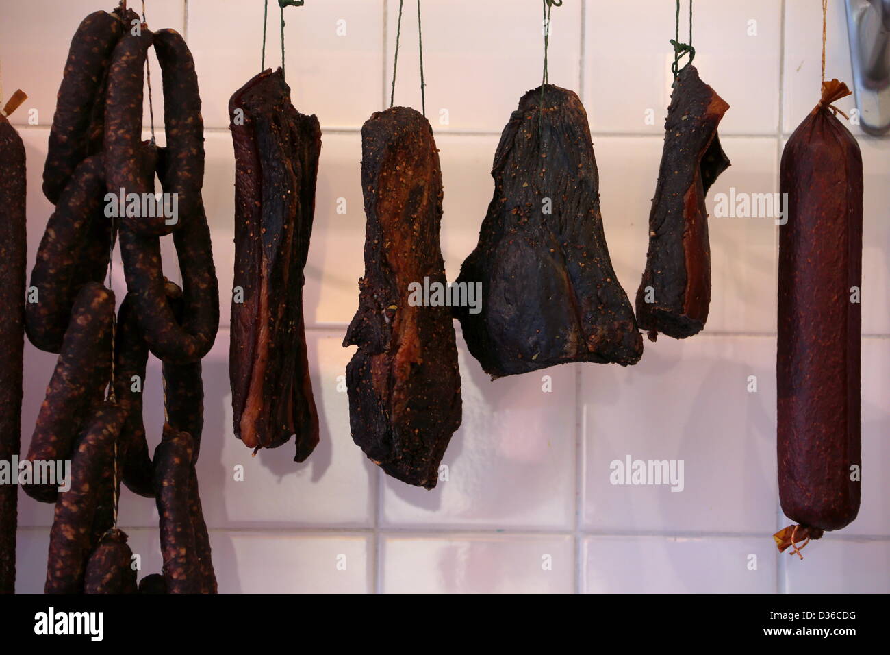 Horsemeat sausages lie in the shop display of a horse butchery in ...