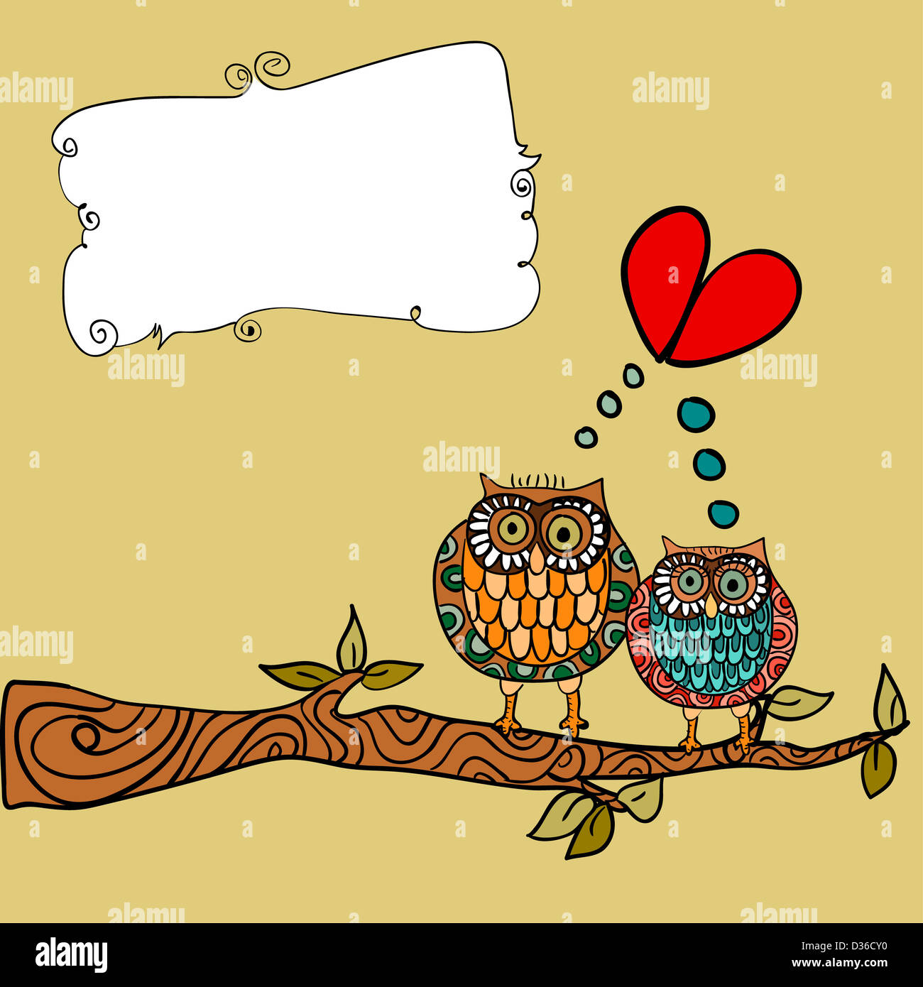 Valentine day lovely owls couple in tree branch greeting card ...