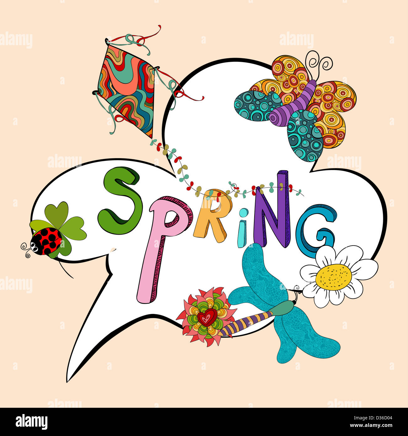 Speech bubble with spring elements: kite, ladybug, flowers and ...