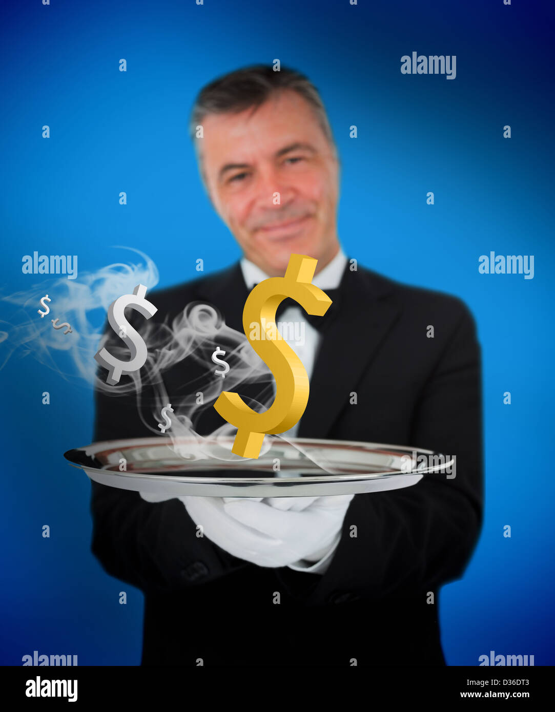 Waiter offering smoking dollars Stock Photo - Alamy