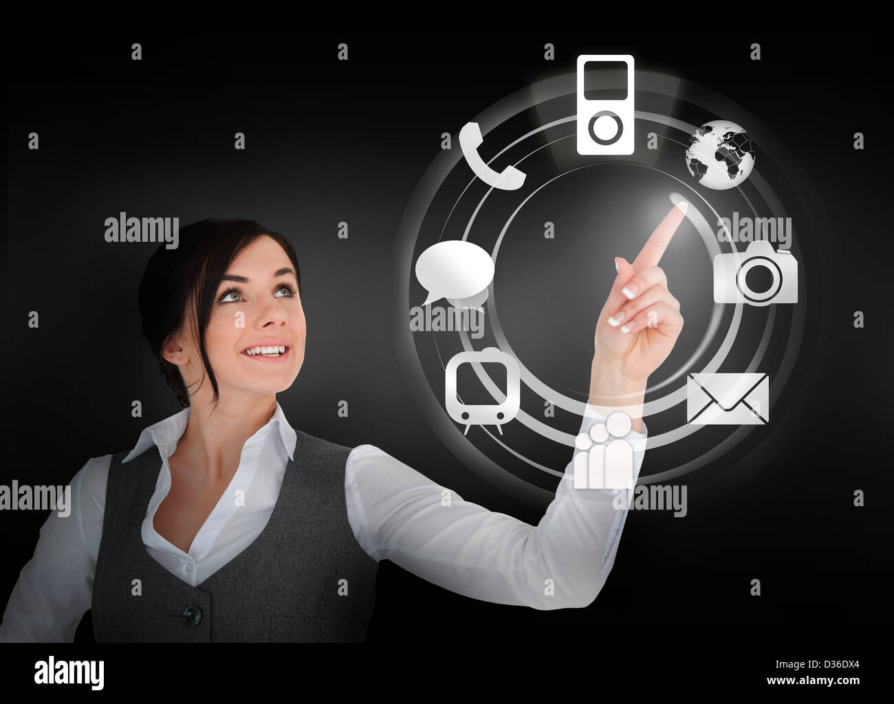Businesswoman using wheel interface for applications Stock Photo - Alamy