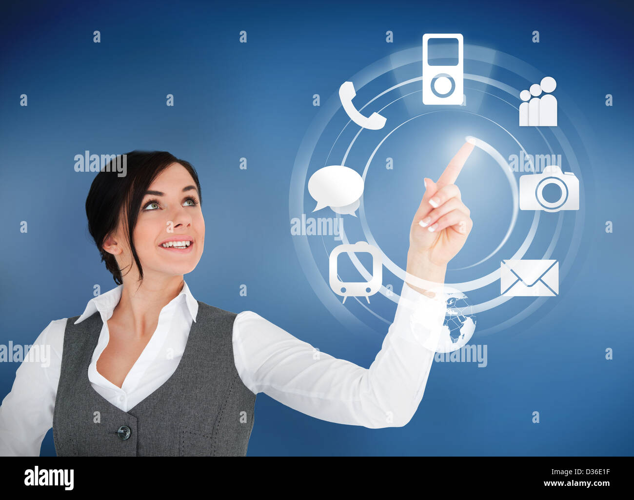Businesswoman using circle interface of applications Stock Photo - Alamy