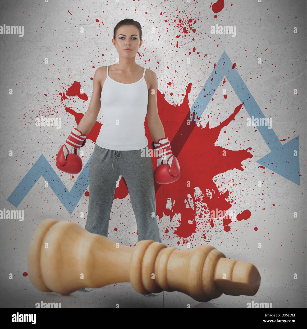 Female boxer against loss arrow and blood spatter with fallen chess ...