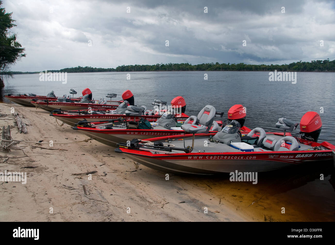 Modern bass boats are used by some Amazon River fishing outfitters that ...