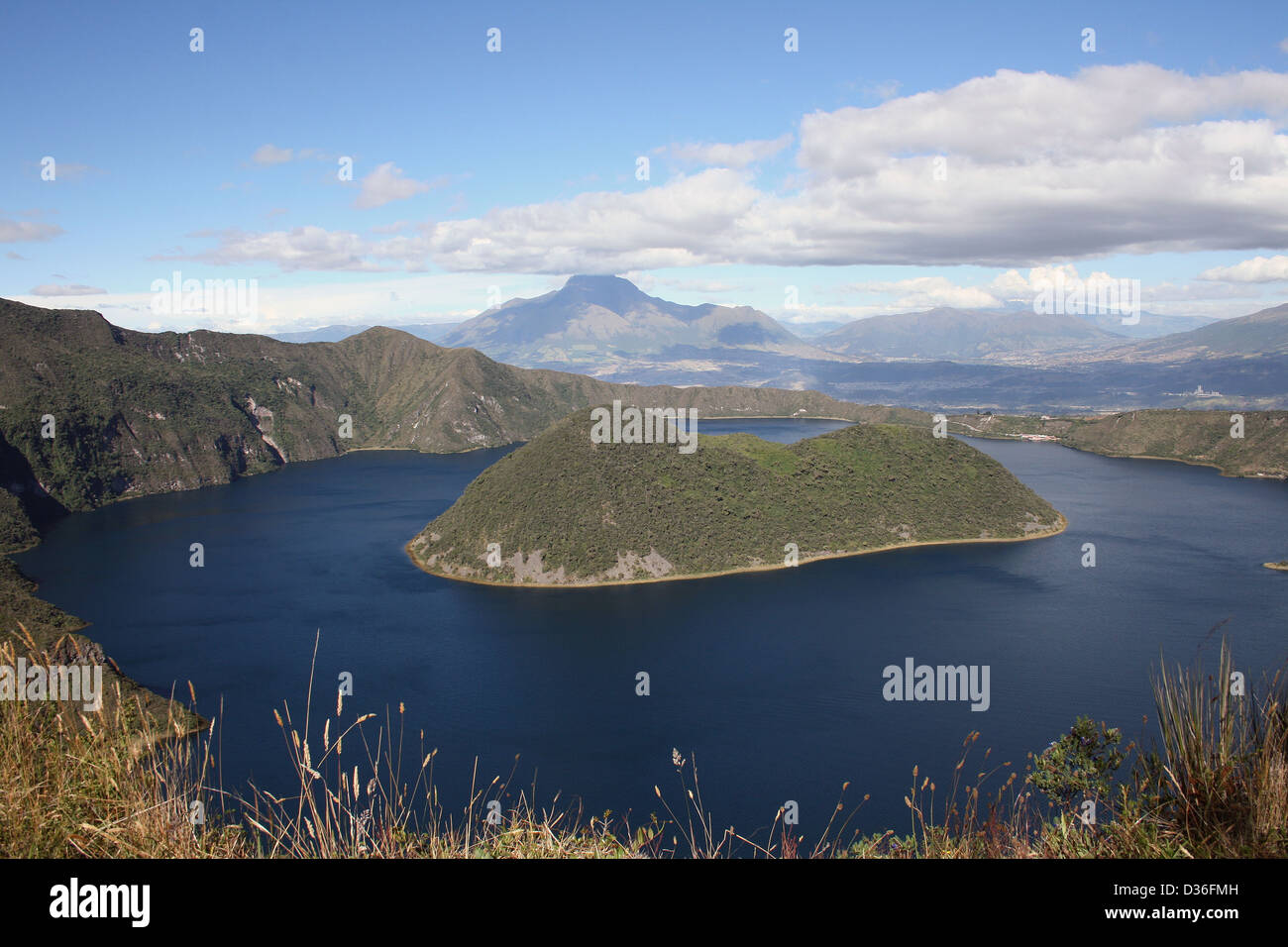 The islands of the volcanic crater lake, Lake Cuicocha, near Cotacachi ...