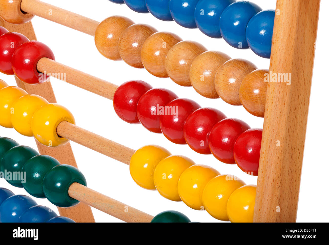 Traditional abacus with colorful wooden beads in front of white ...