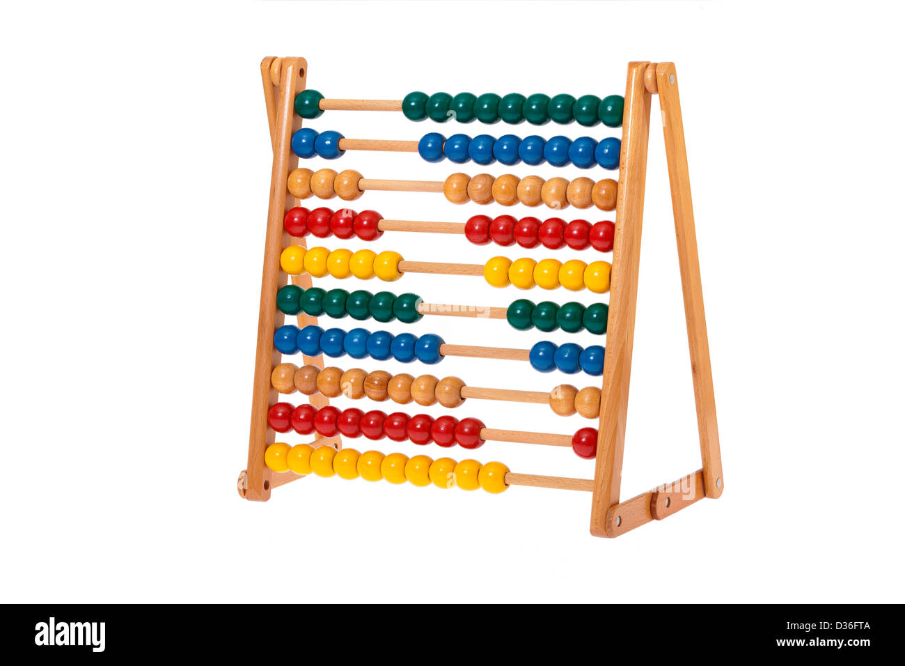 Traditional abacus with colorful wooden beads in front of white ...