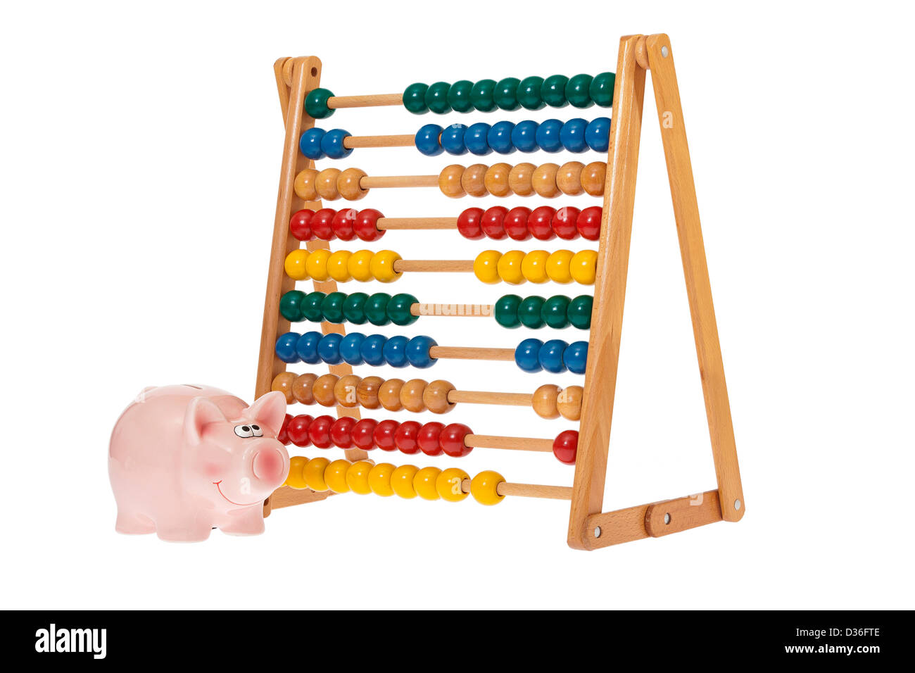 Traditional abacus with colorful wooden beads and a pink piggy bank ...