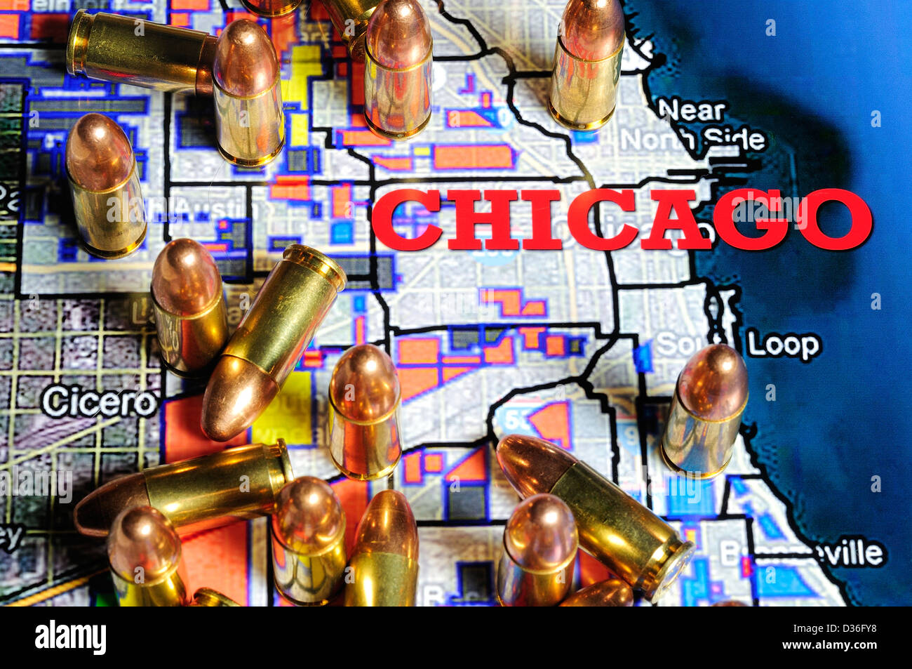 Map of Chicago, Illinois showing rival gang boundaries covered with 9mm ...