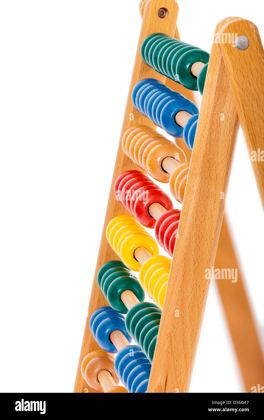 Traditional abacus with colorful wooden beads in front of white ...