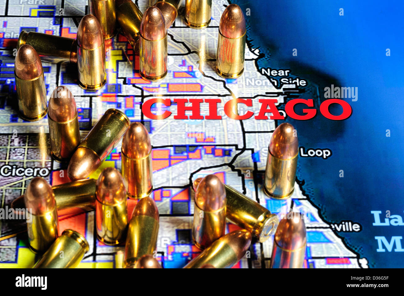 Map of Chicago, Illinois showing rival gang boundaries covered with 9mm ...