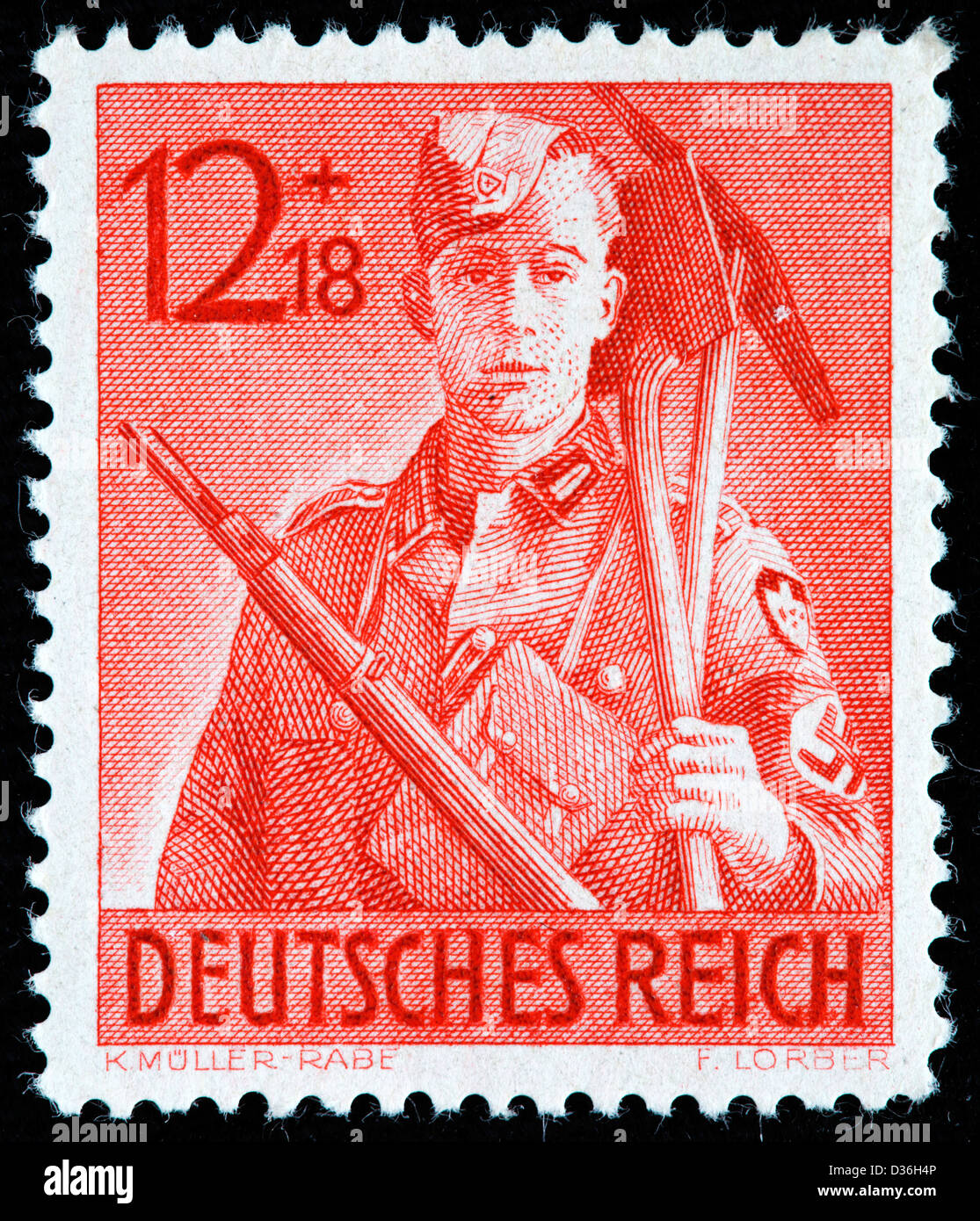 Corpsman with implements, Reich Labor Service Corpsmen, postage stamp ...