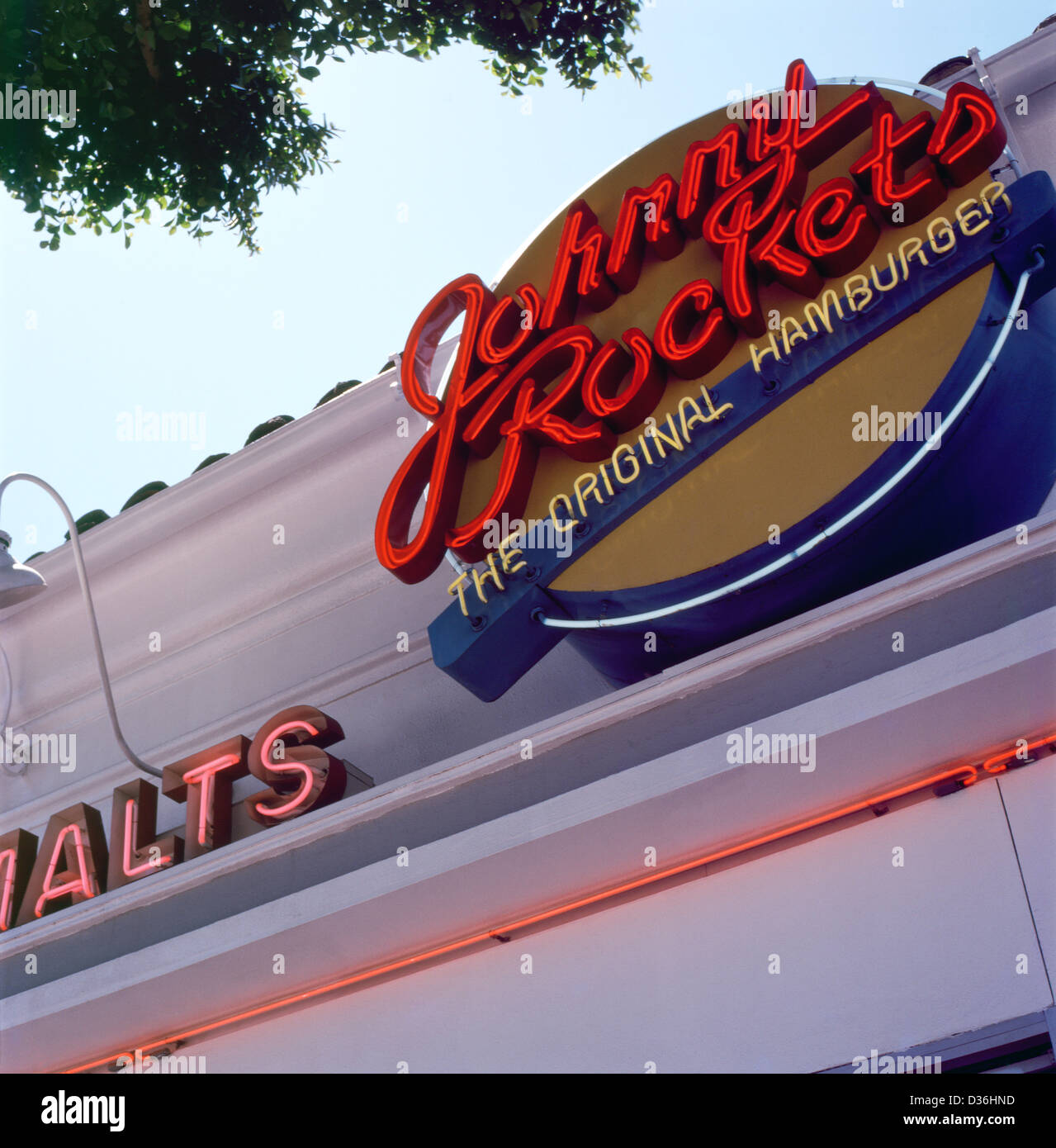 Johnny Rockets Hamburger restaurant sign in Westwood Village Los ...
