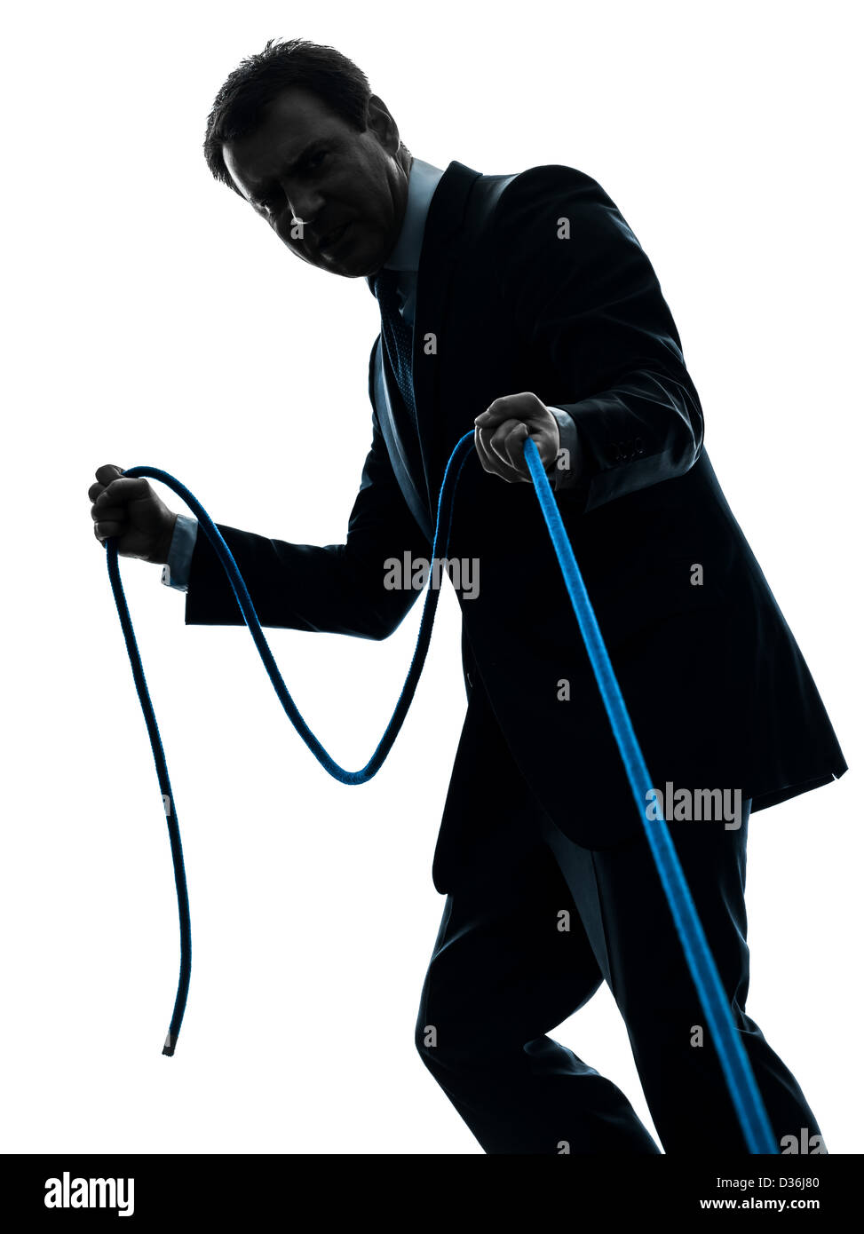 one business man pulling a rope in silhouette studio isolated on white ...