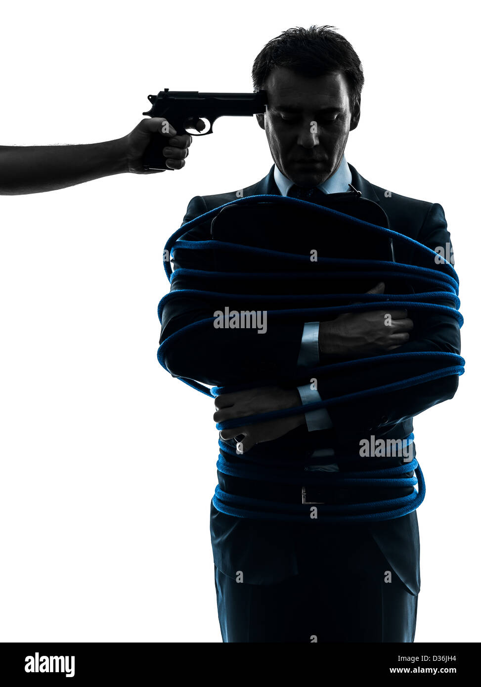 captive hostage business man in silhouette studio isolated on white ...