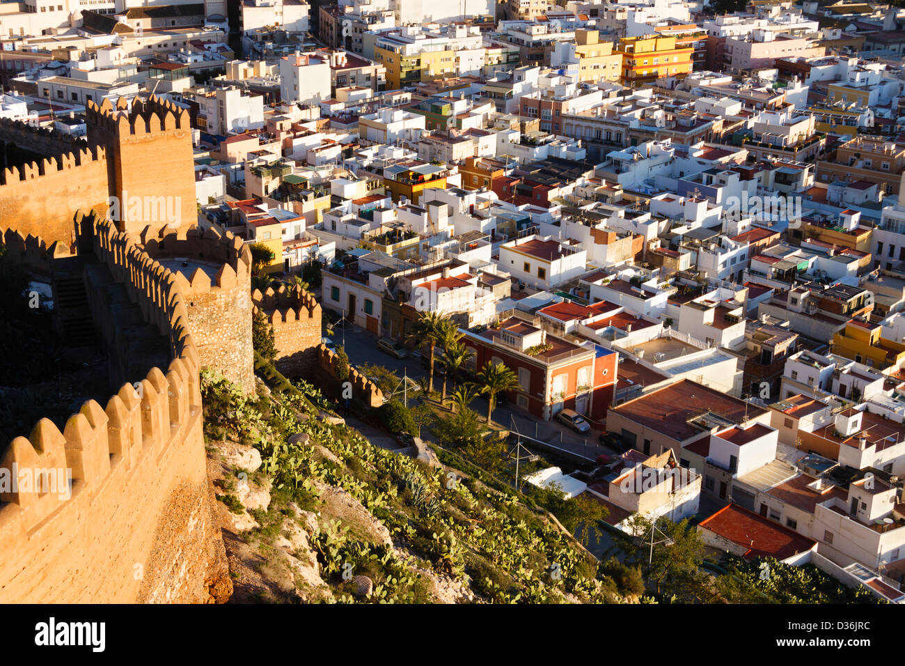Old town overview and Alcazaba castle walls at sunset. Almeria, Spain ...