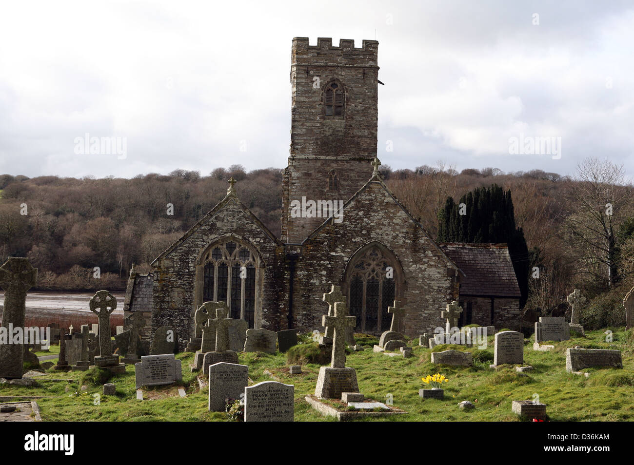 Ancient church of St Winnow, by the Fowey river, near Lerryn ...