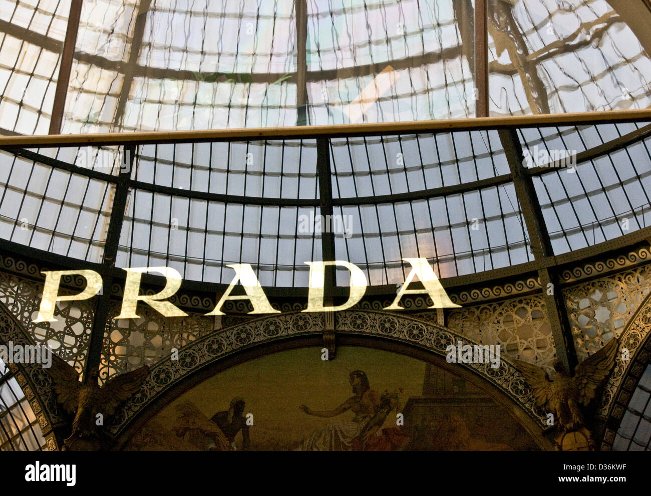 Prada luxury brand name identity mirrored reflection in ornate Galleria ...