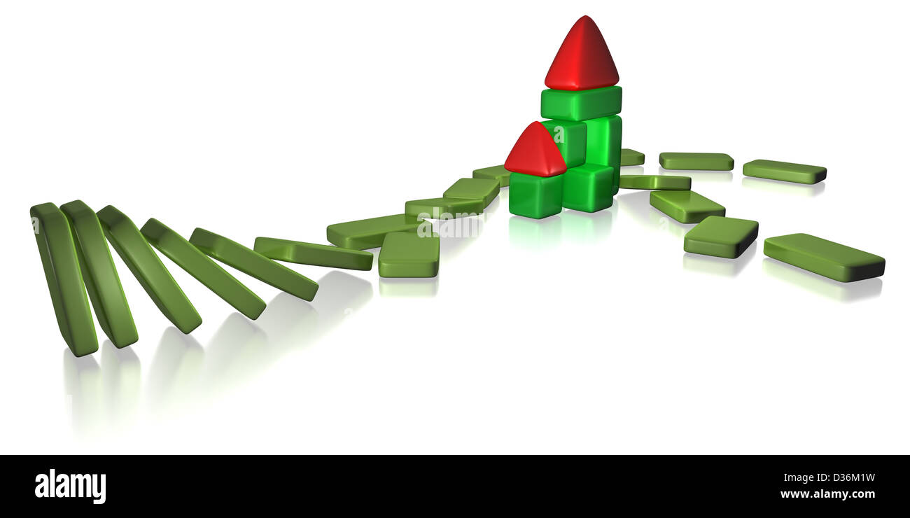3d rendered toy house resisted domino effect Stock Photo - Alamy