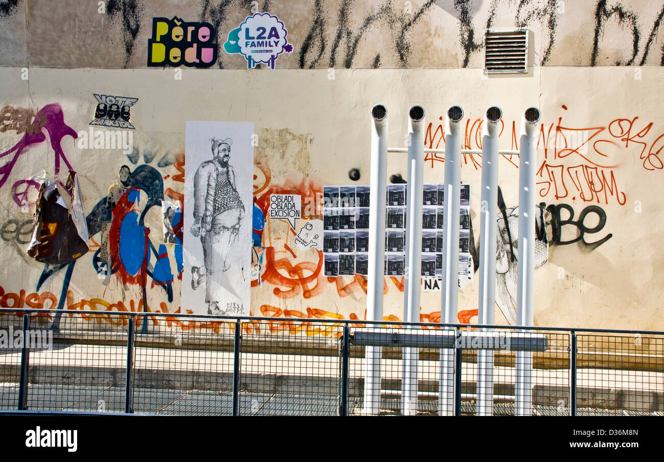 Urban graffiti street art and air vents pipes in Place Stravinsky Paris ...