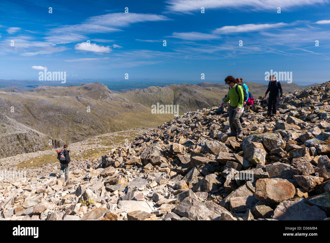 Walkers on the summit of Scafell Pike Highest Peak in England, Lake ...