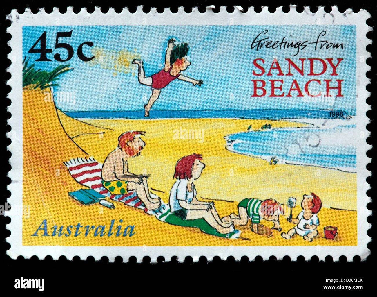 Greetings from sandy beach, book cover, postage stamp, Australia, 1996 ...