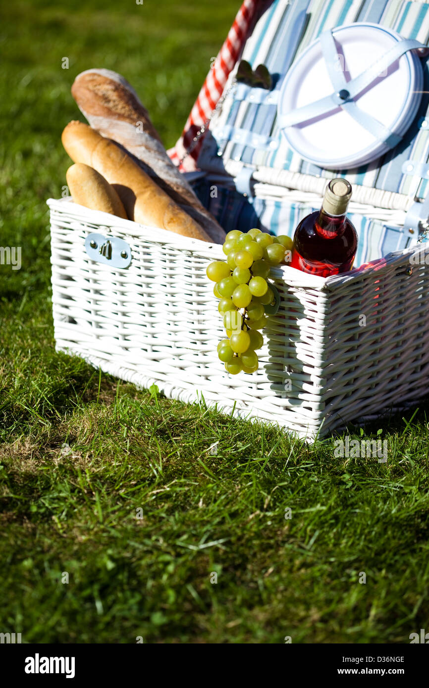 Picnic basket on green lawn Stock Photo - Alamy