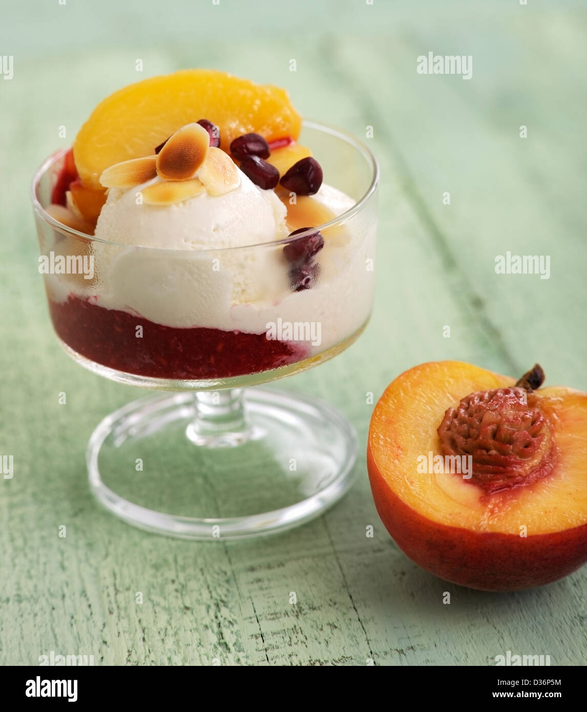 Peach Melba: vanilla ice cream with fresh peach slices and raspberry ...
