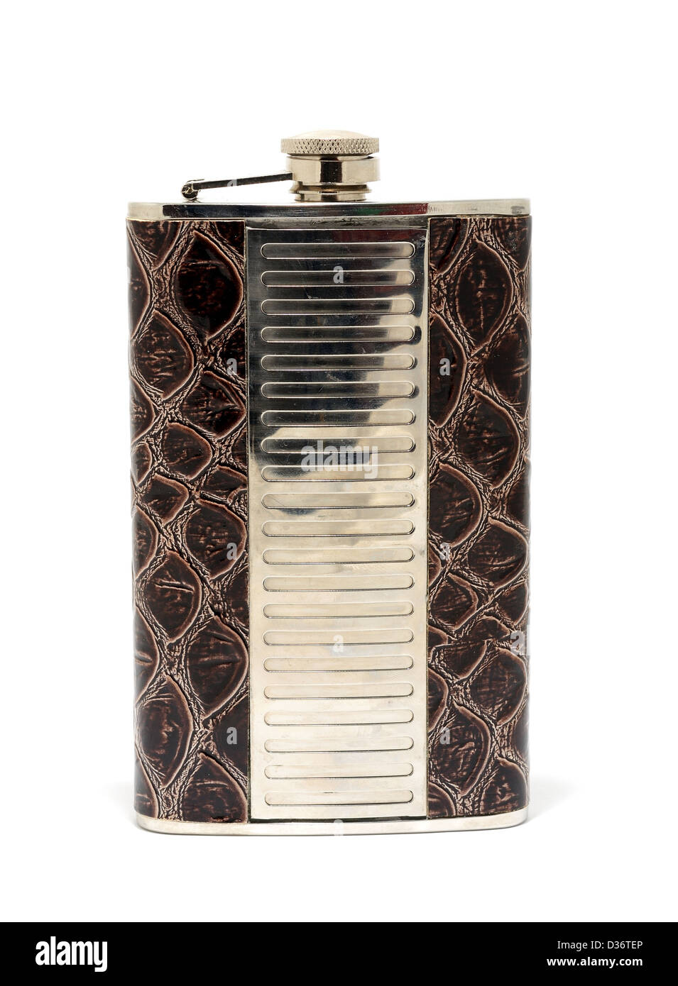 Metal hip flask placed on a white background Stock Photo - Alamy