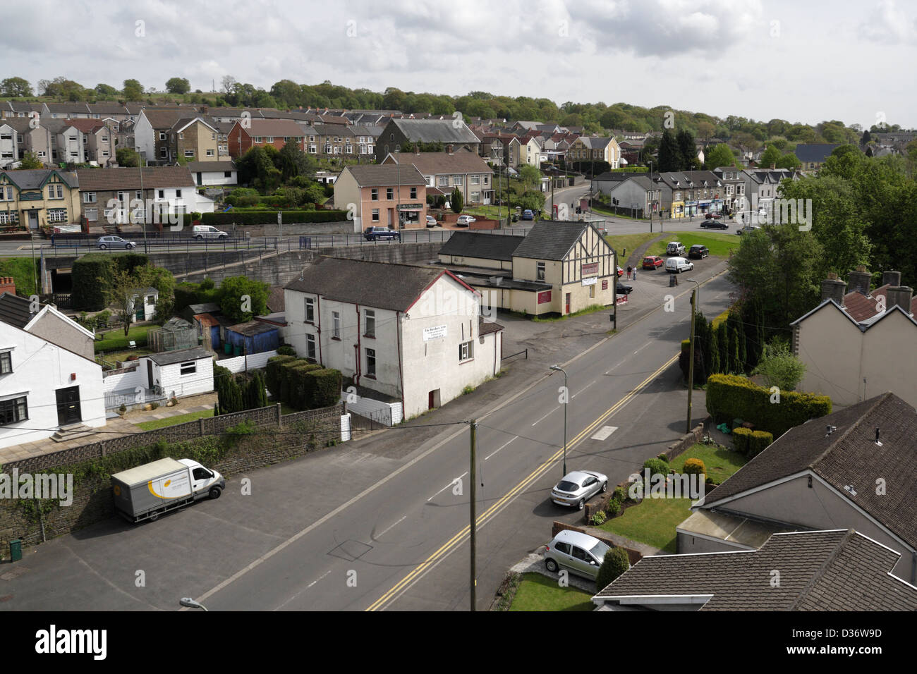 A view of Maesycwmmer, Wales in the Welsh valleys from Hengoed Viaduct ...