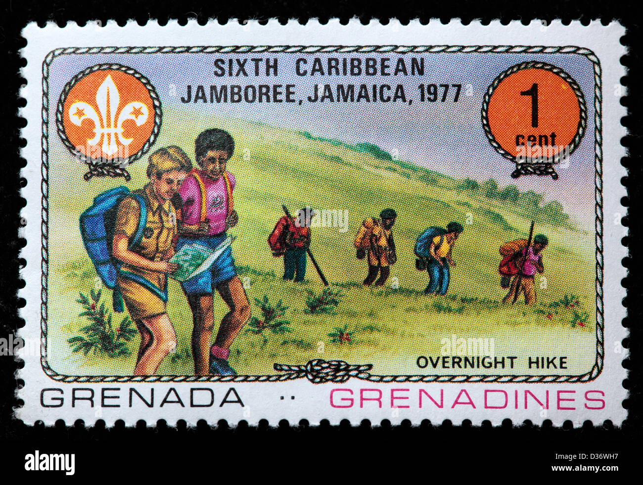 Overnight hike, postage stamp, Grenada Grenadines, 1977 Stock Photo - Alamy