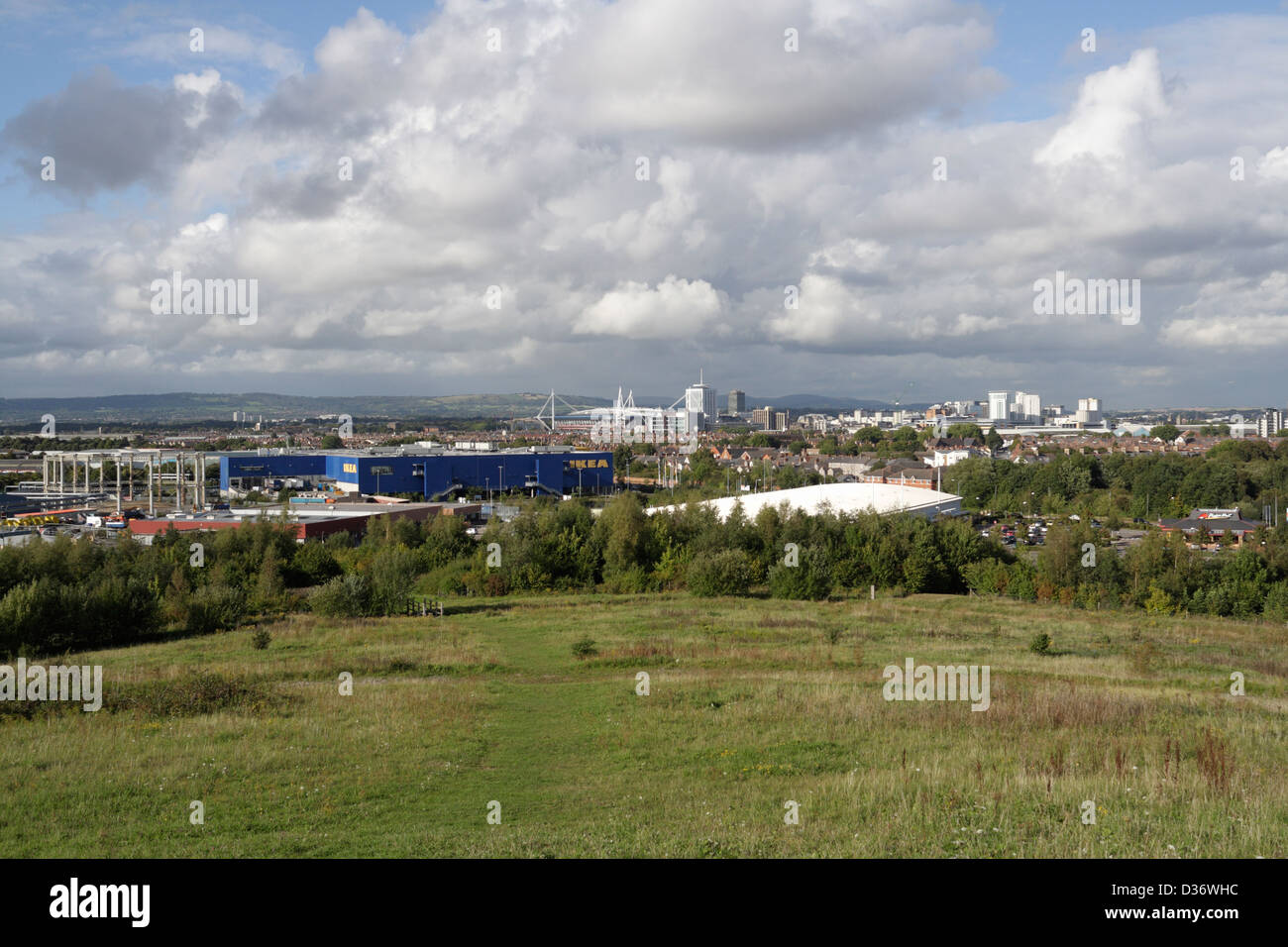 A skyline view of Cardiff Wales UK and Ikea from Grangemoor hill in ...