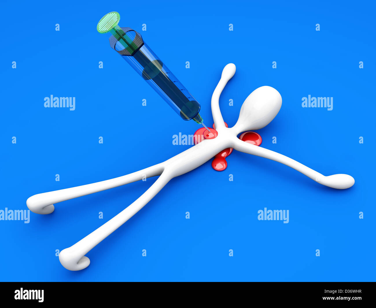 A cartoon figure killed by a giant syringe. 3D rendered Illustration ...