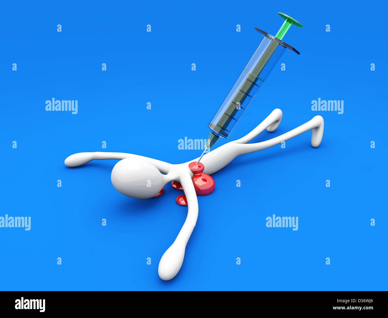 A cartoon figure killed by a giant syringe. 3D rendered Illustration ...