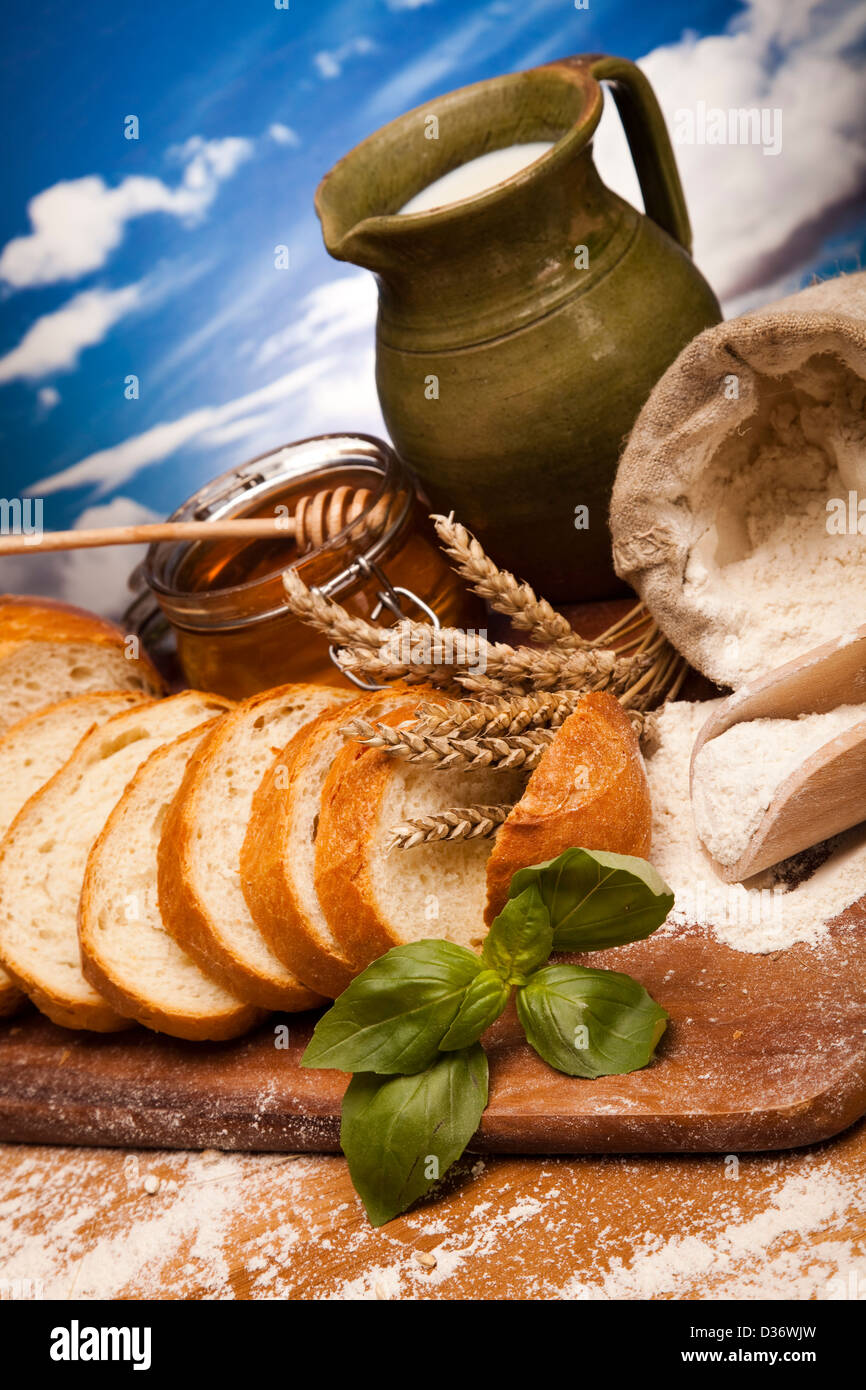Tasty breakfast and blue sky background Stock Photo - Alamy