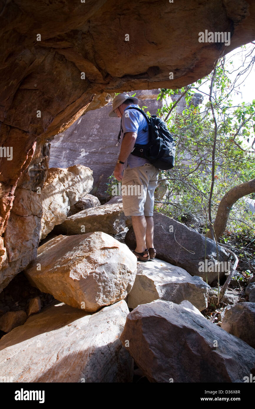 Tourist examines aboriginal rock art on jar island hi-res stock ...