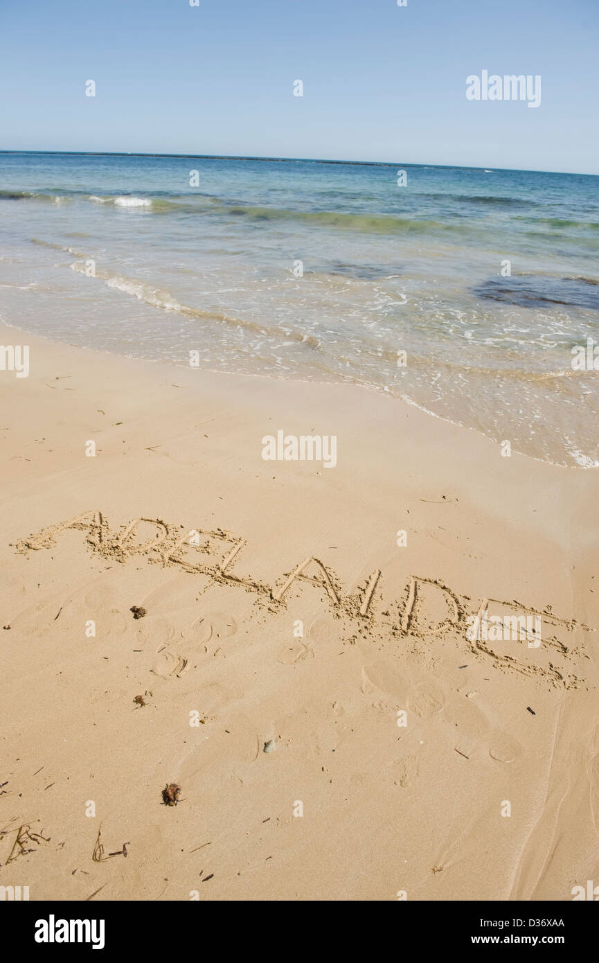The word adelaide written in the sand of a beach Stock Photo - Alamy