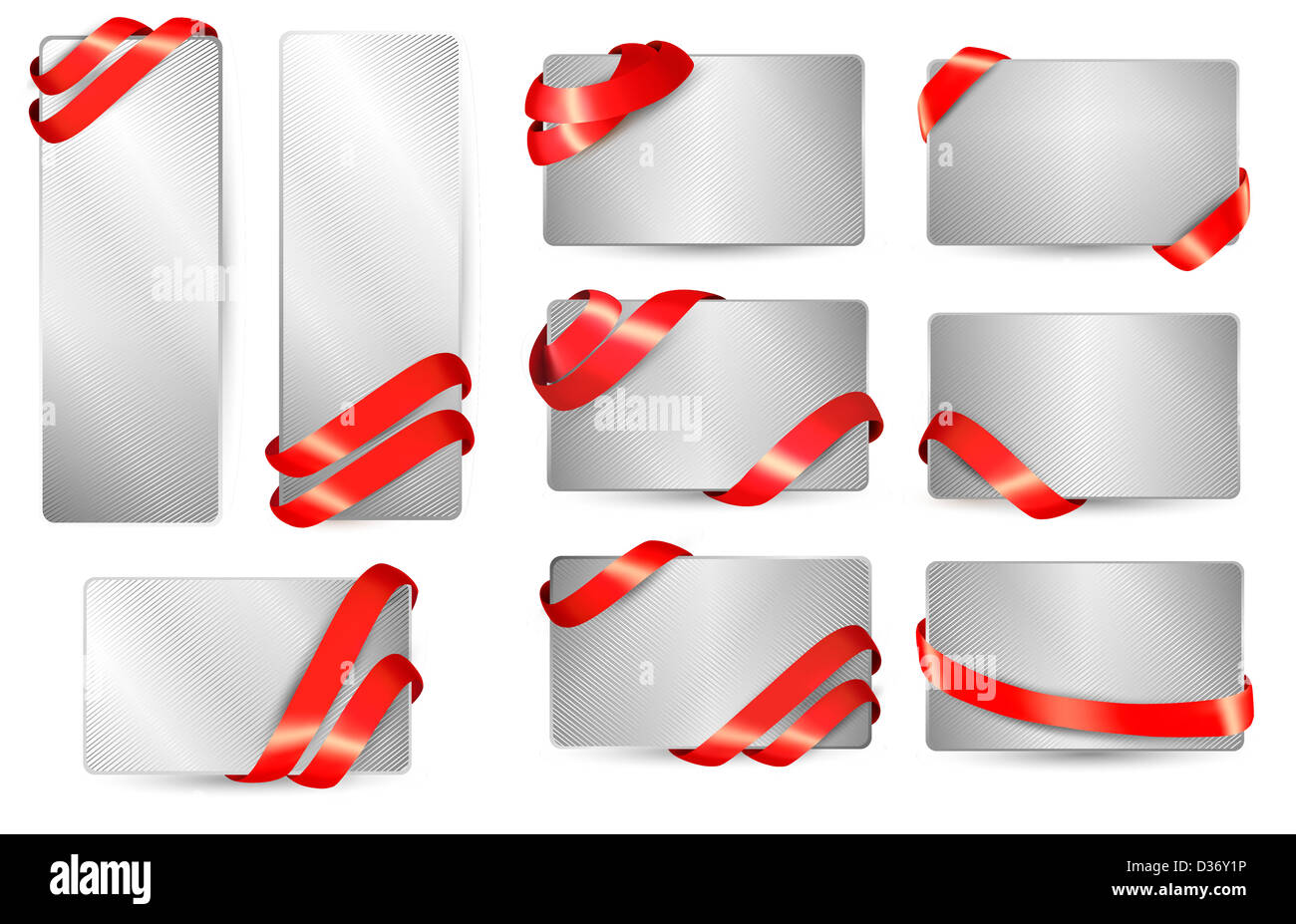 Set of silver Gift cards with color gift bows with ribbons Stock Photo ...
