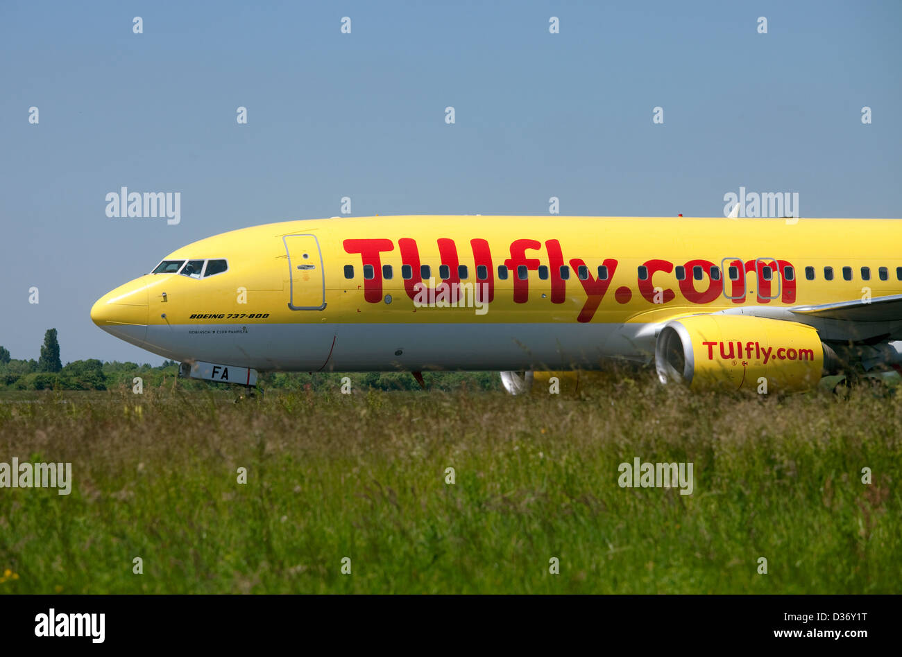 Duesseldorf, Germany, an aircraft from TUIfly landing at the airport ...