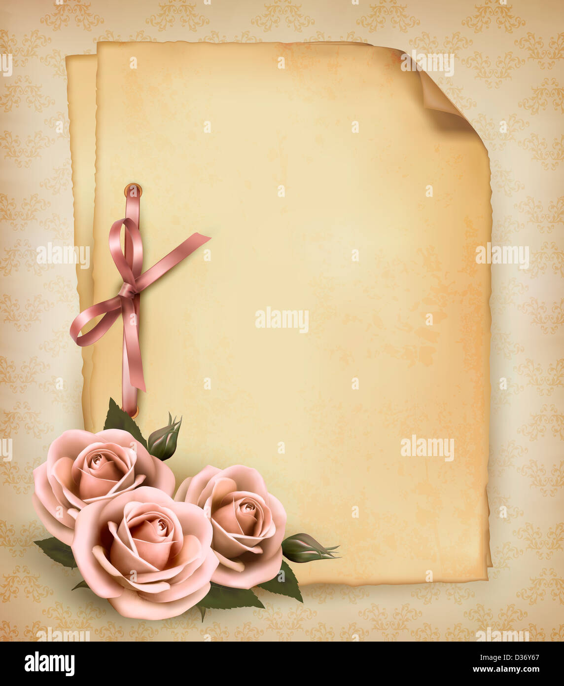 Retro background with beautiful pink rose and old paper Stock Photo - Alamy