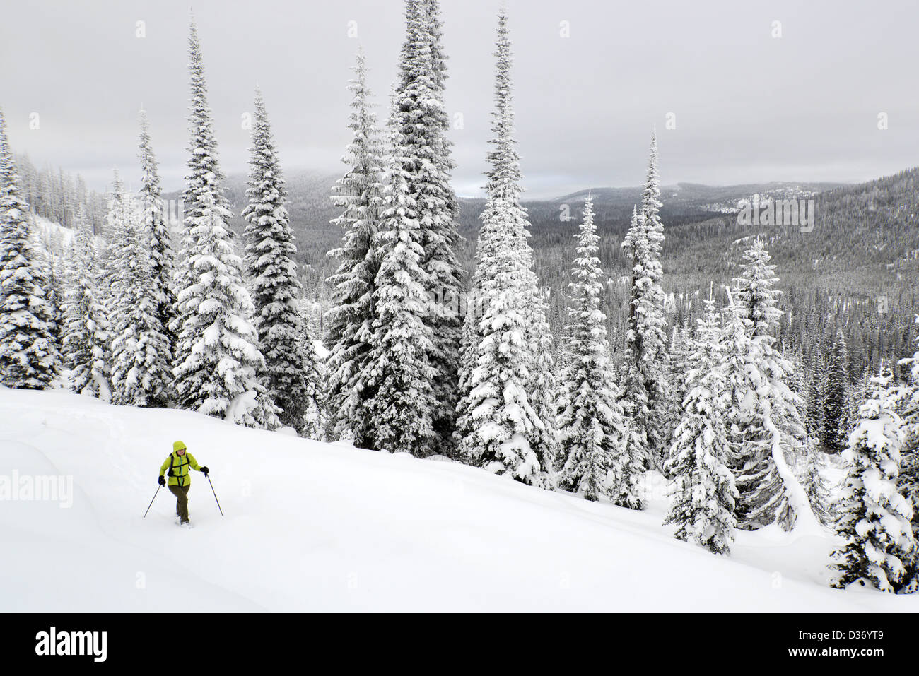Young woman snowshoeing at Lolo Pass on the Montana/Idaho border Stock ...