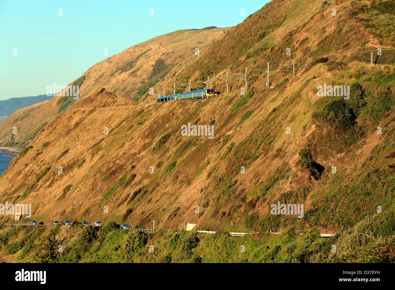 The Metlink Kapiti line train on the Kapiti coast highway between ...