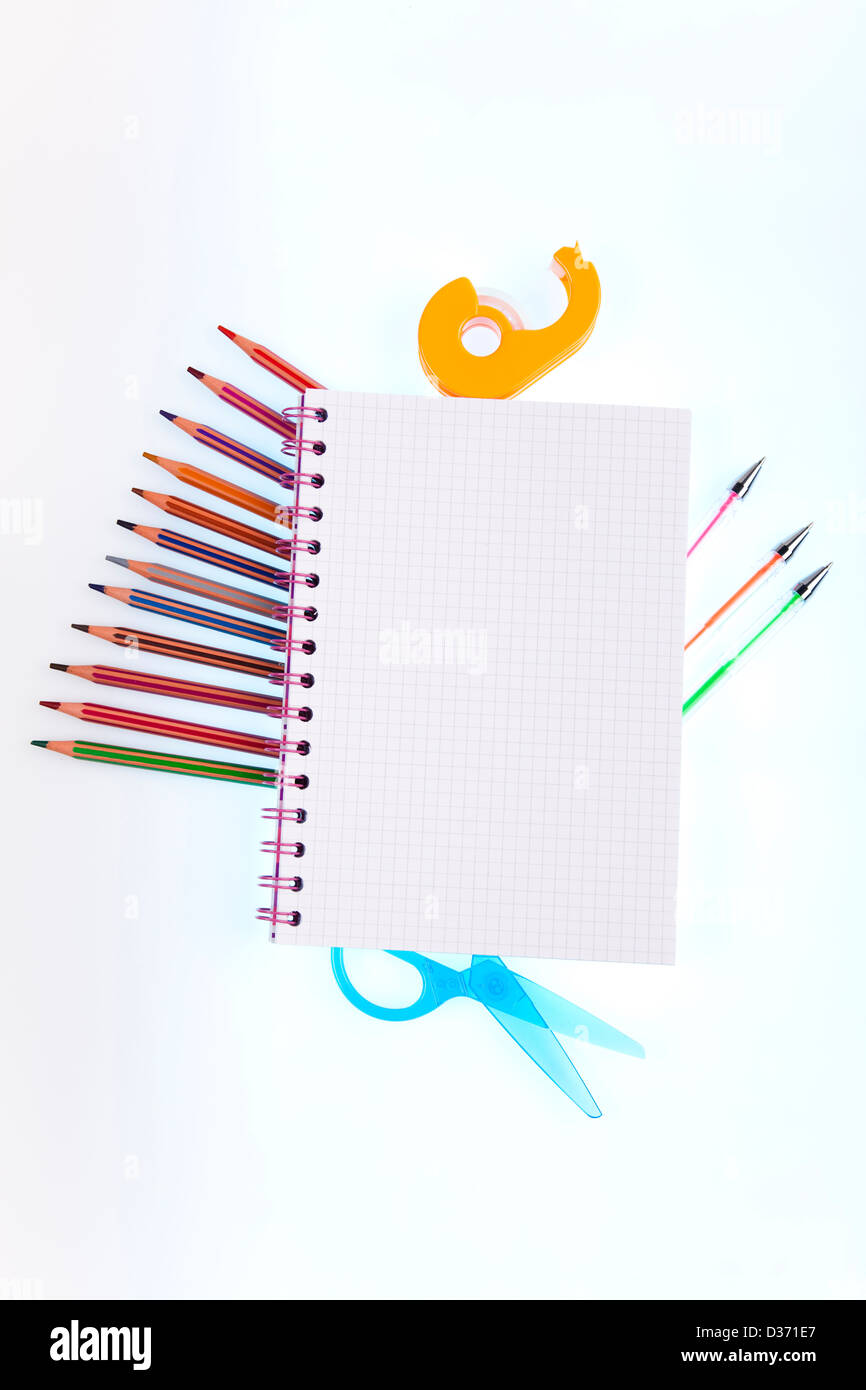 Back to school, Notepad with supplies Stock Photo - Alamy